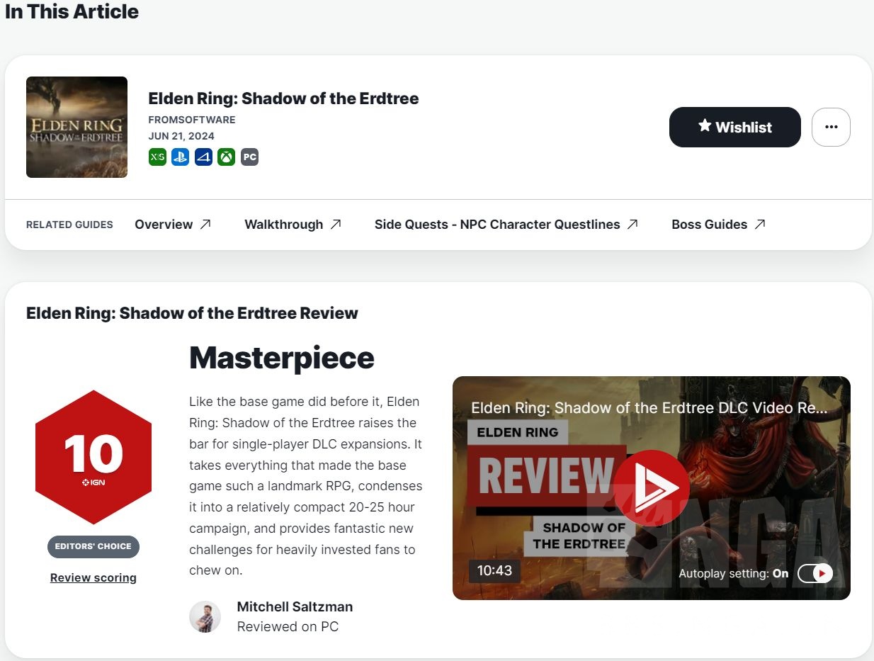 [业界新闻] 艾尔登法环 DLC：黄金树之影 媒体评分解禁：IGN GS 双10分 mtc平均分：95 178