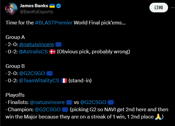 Banks的BLAST世决预测: G2击败NA VI夺冠，Vitality- 轮游 NGA玩家社区