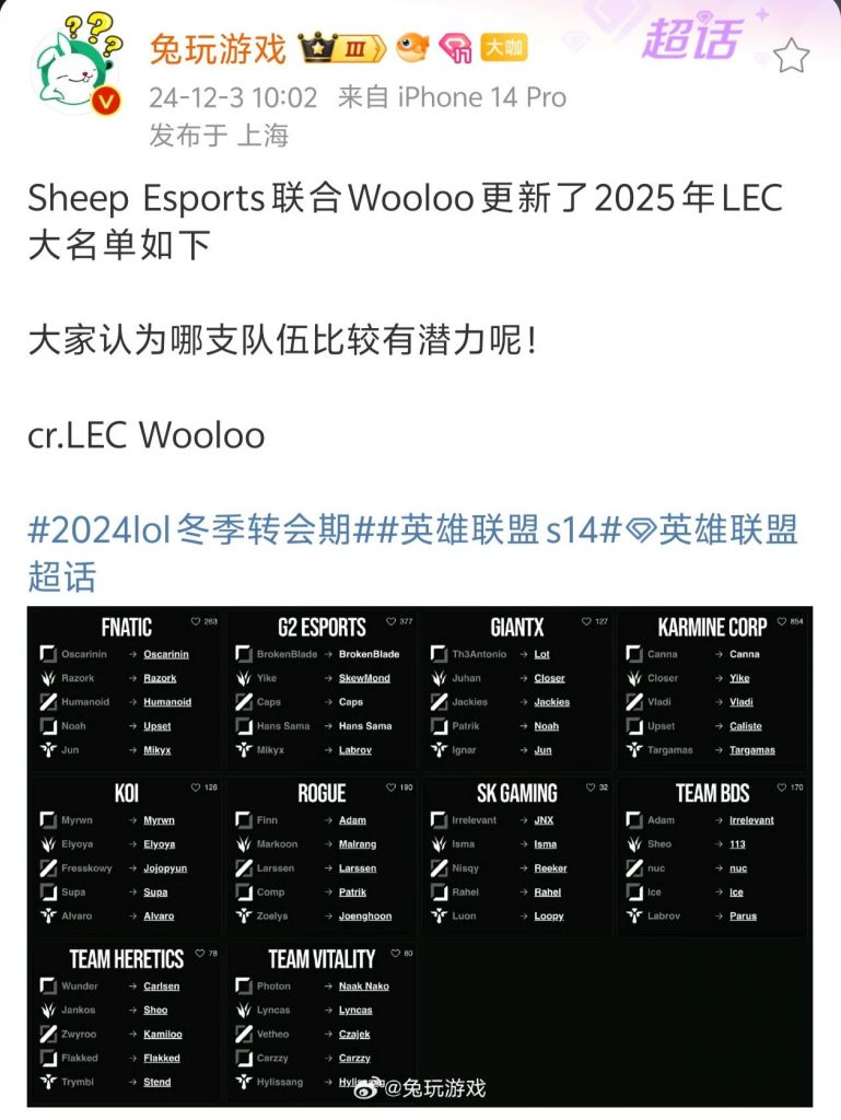 [外赛区赛事]LEC大名单更新 NGA玩家社区