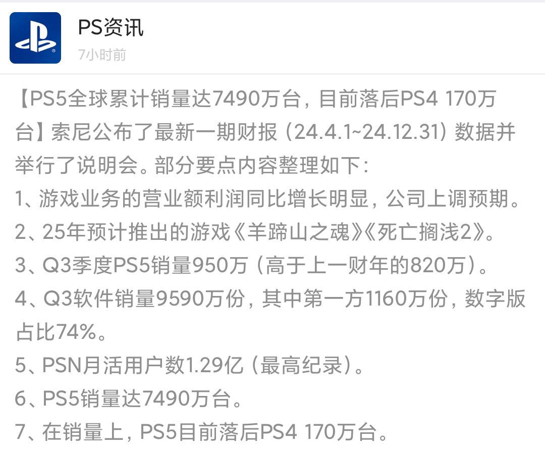 ps5全球累计7490万台，落后ps4销量170万 NGA玩家社区