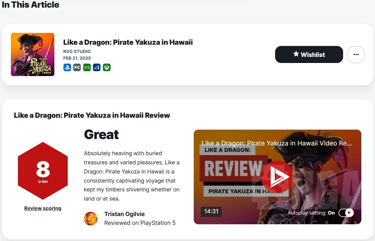 [业界新闻] 如龙8外传：夏威夷海盗 媒体评分解禁：IGN 8分 GS 7分 mtc平均分：79 NGA玩家社区