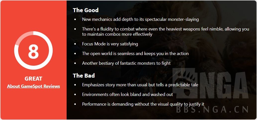 [业界新闻] 怪物猎人：荒野 媒体评分解禁：IGN 8分 GS 8分 mtc平均分：90 NGA玩家社区