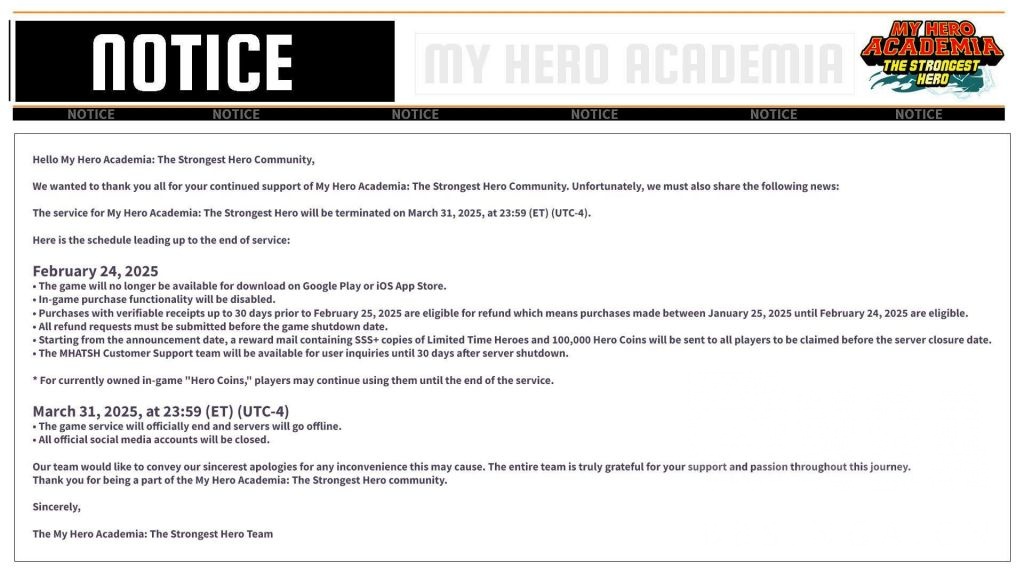 [停服] 我的英雄学院：最强英雄(MHA：TSH)将于2025年4月1日停服 NGA玩家社区