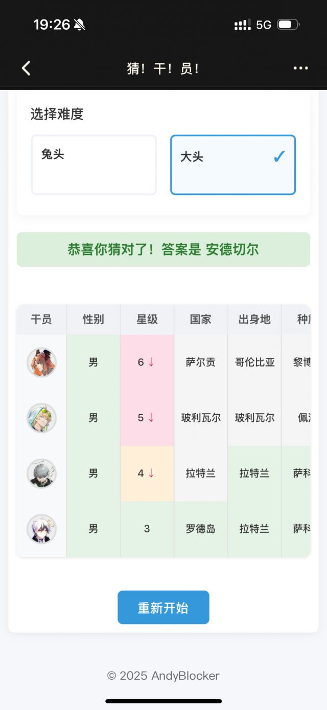 猜干员小游戏v0.31 只猜六星！新的小头模式！小头模式bug修复！ NGA玩家社区