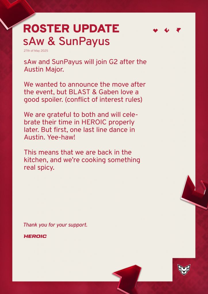 HEROIC官宣：sAw和SunPayus将于 Major后加入G2 178