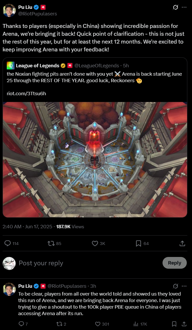 [游戏本体] 设计师：感谢所有玩家尤其是10w+在PBE排队的中国玩家对于竞技场的支持 NGA玩家社区