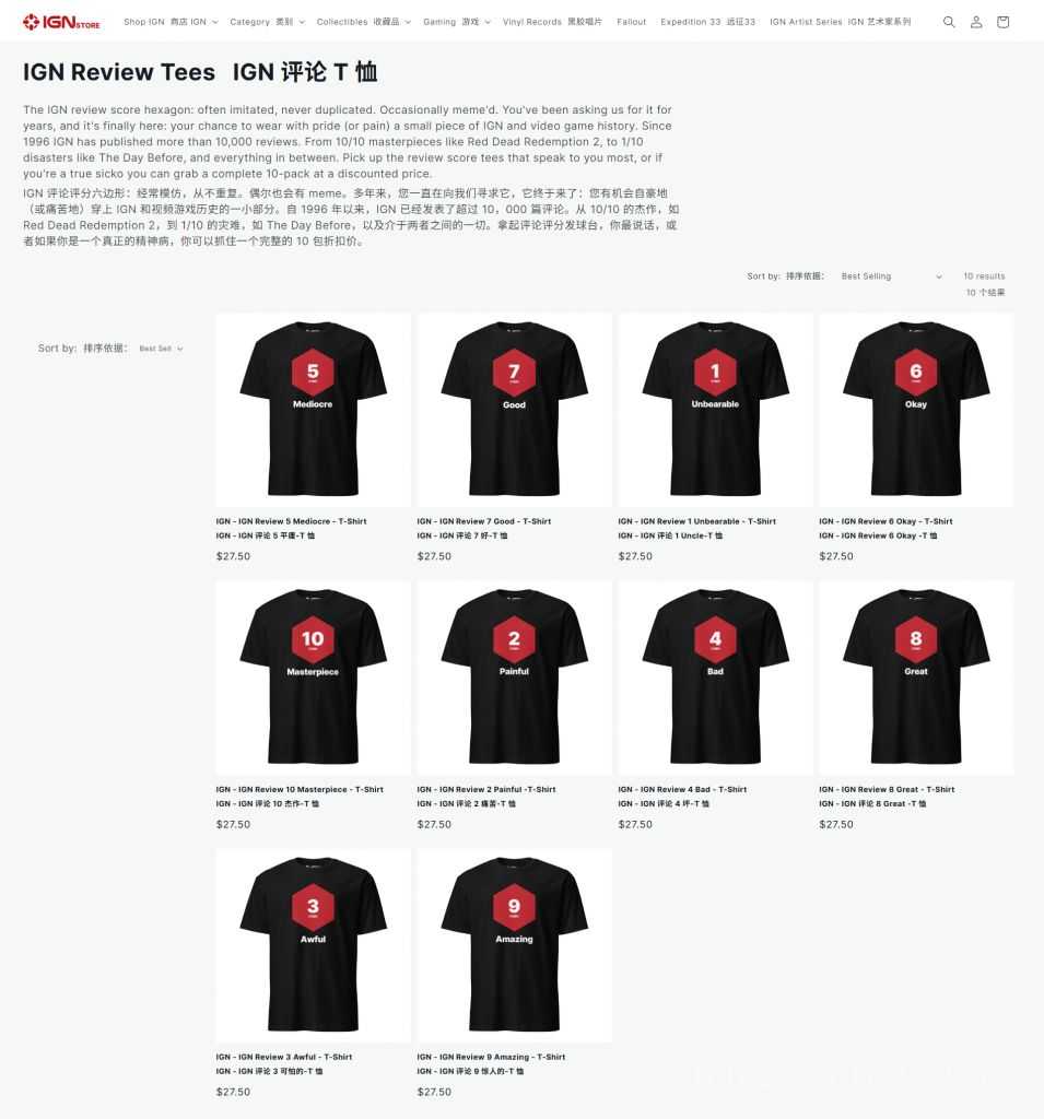 [搬运] ign推出评测分数T恤，一件售价27.50美元(约人民币197元) 178