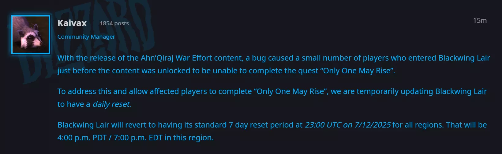 [周年纪念服][把回复单独开一个帖子好了][暴雪蓝贴]甲虫之王的bug，短时间BWL改为1天CD NGA玩家社区