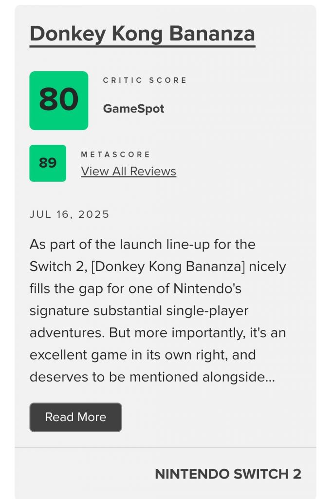 [业界新闻] [NS] 咚奇刚：蕉力全开 媒体评分解禁：IGN 10分 GS 9分 mtc平均分：90 NGA玩家社区