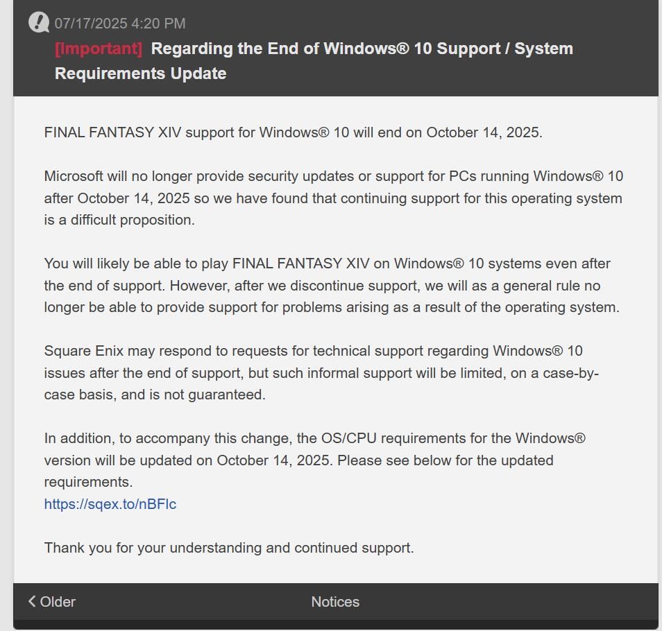 FF14将于2025/10/14结束对win10的官方支持 178