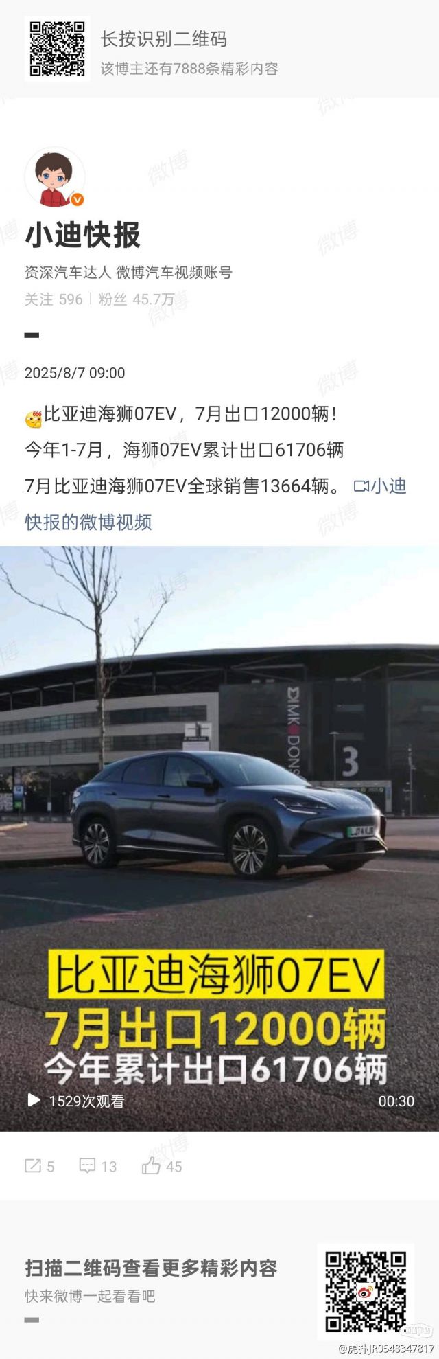 比亚迪海狮07EV，7月出口12000辆！今年1-7月，海狮07EV累计出口61706辆，7月比亚迪海狮07EV全球销售13664辆。 NGA玩家社区