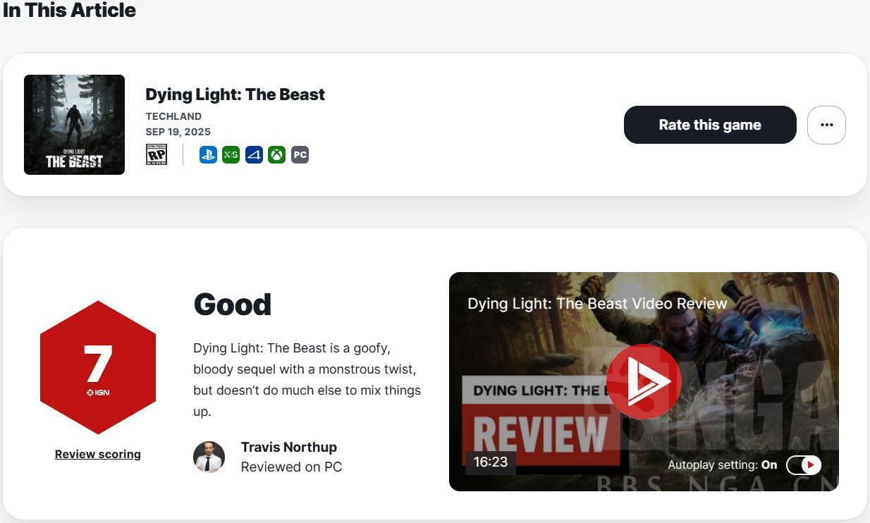 [业界新闻] 消逝的光芒：困兽 媒体评分解禁：IGN 7分 GS 8分 mtc平均分：78 NGA玩家社区