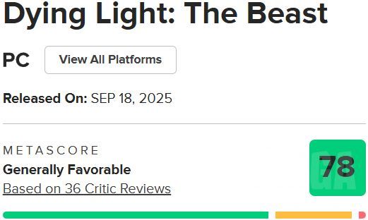 [业界新闻] 消逝的光芒：困兽 媒体评分解禁：IGN 7分 GS 8分 mtc平均分：78 NGA玩家社区