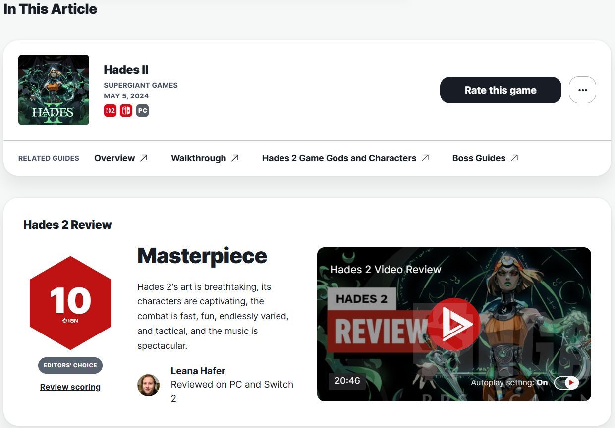 [业界新闻] 哈迪斯II 媒体评分解禁：IGN GS 双10分 mtc平均分：94 NGA玩家社区