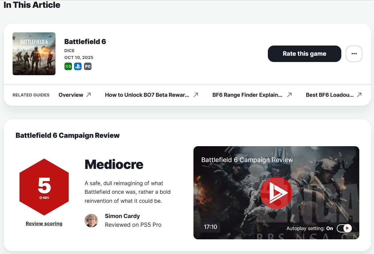 [业界新闻] 战地6 媒体评分解禁：单人战役 IGN 5分 GS 暂定评分：8 mtc开局平均分：84 NGA玩家社区