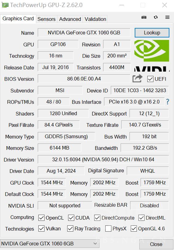 [电脑硬件] 出一张自用的1060微星6G NGA玩家社区